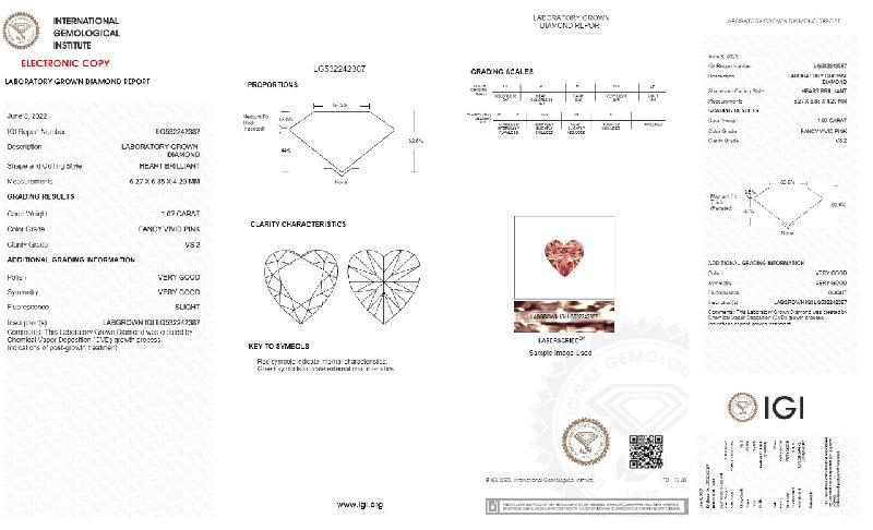 Heart Shaped 1.07ct Fancy Vivid Pink VS2 IGI Certified Lab Grown CVD Diamond at USD 1200 - USD ...