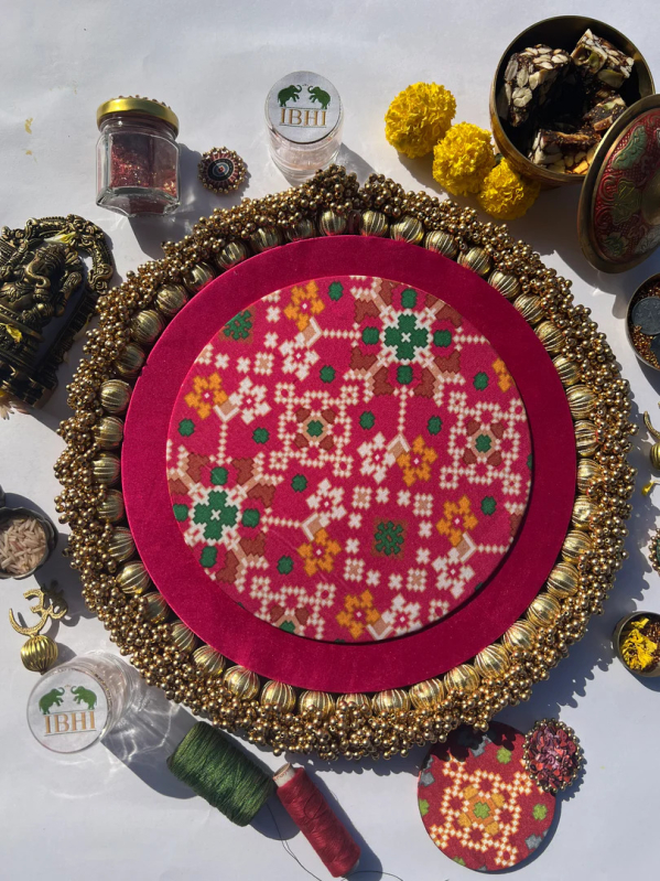 Pink Navratna Patola + Lemon Yellow Congruous Rangoli & Micro Beaded ...