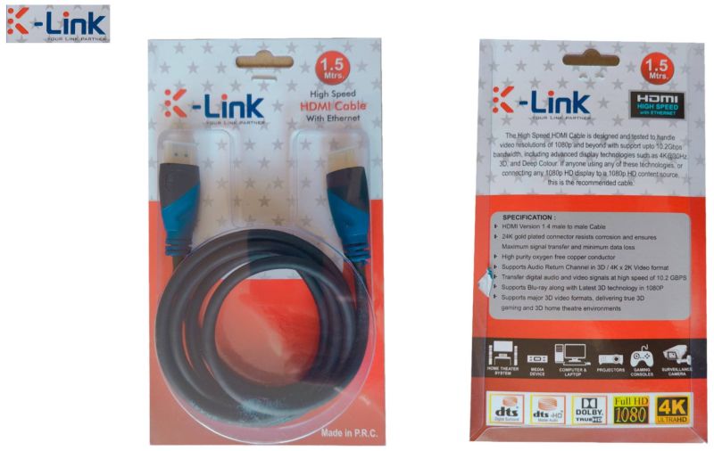 Black PVC K-Link 1.5 M HDMI Cable at Rs 499 in Jaipur - ID: 8009753 | A PLUS PRODUCTS