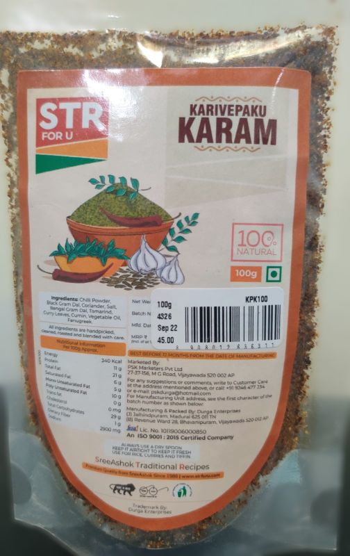 100 Grams Karivepaku Karam Powder, Packaging Type : Stand Pouch at Best ...